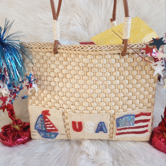 QVC | Bags | Qvc Beaded Sequin Sailboat Usa Flag Woven Straw Basket ...